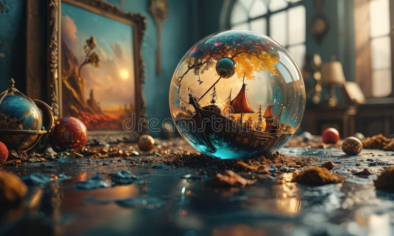 Glass Sphere with Miniature Ship and Landscape Sits on Table ...