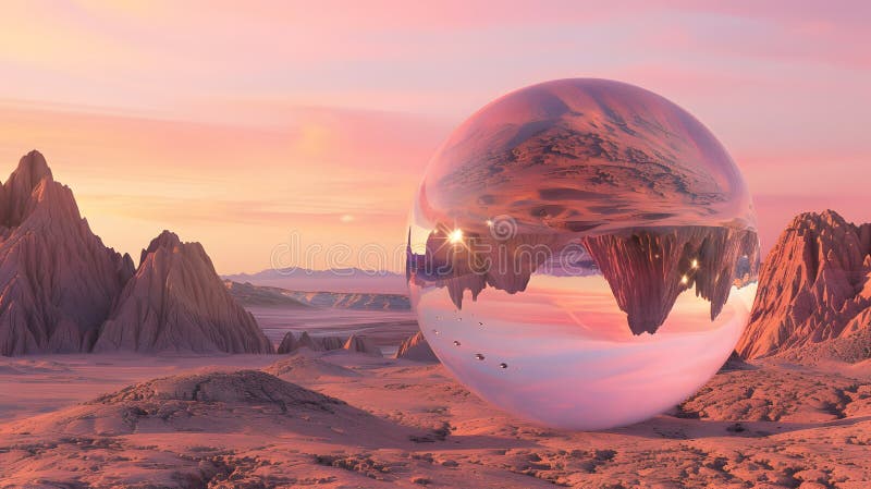 Glass Sphere with Mountains in Desert at Sunset Stock Illustration ...