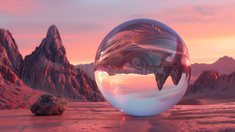 Glass Sphere with Mountains in Desert at Sunset Stock Illustration ...