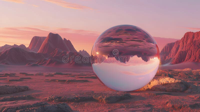 Glass Sphere with Mountains in Desert at Sunset Stock Illustration ...