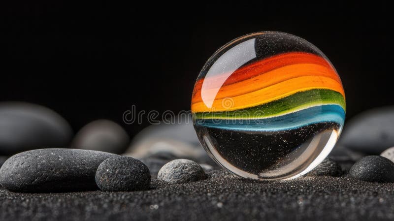 A Glass Sphere with a Rainbow Pattern Sits on a Bed of Black Pebbles ...