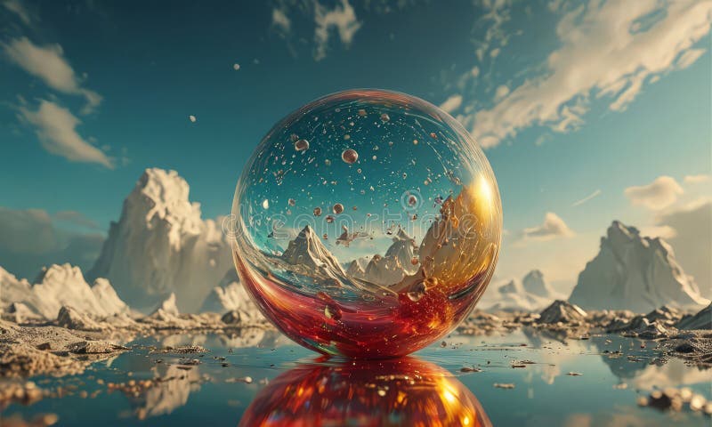 Glass Sphere with Red and Orange Interior is Suspended in Reflective ...
