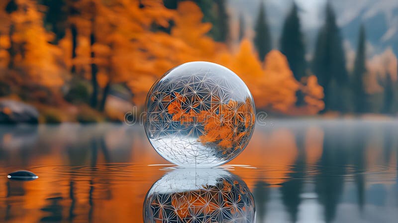 Glass Sphere Reflecting Autumnal Lake and Trees Stock Illustration ...