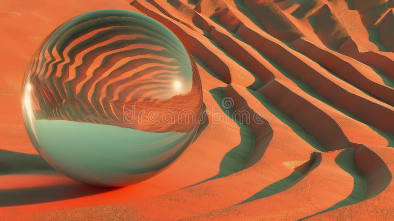 Glass Sphere Reflecting Orange and Green Striped Sand Dunes Stock ...