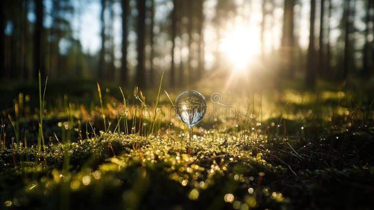 Glass Sphere Reflecting Sunrise in Forest Moss Stock Photo - Image of ...