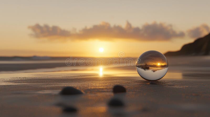 A Glass Sphere with a Reflection of a Sunset on a Beach. Stock Image ...
