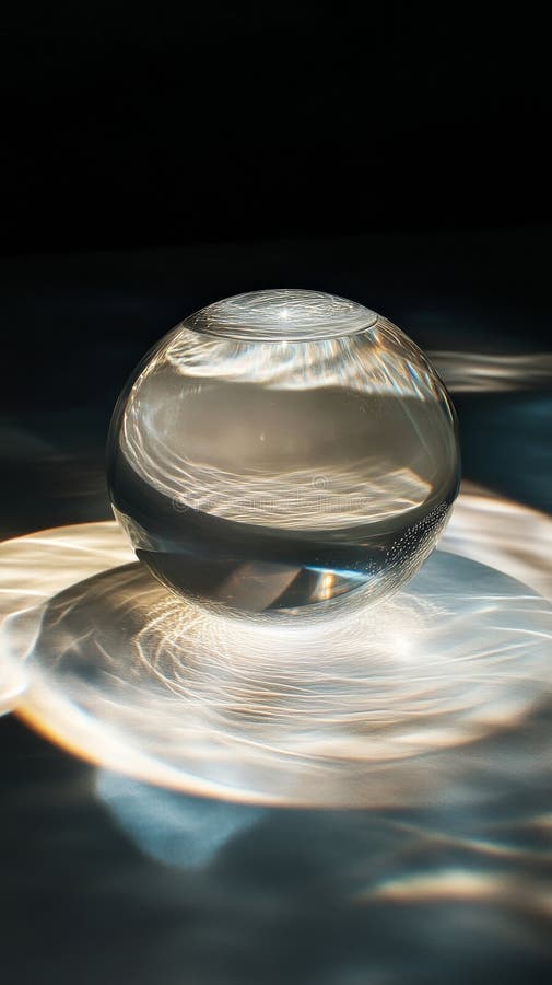 Glass Sphere on Reflective Surface, Abstract Light Patterns. Artistic ...