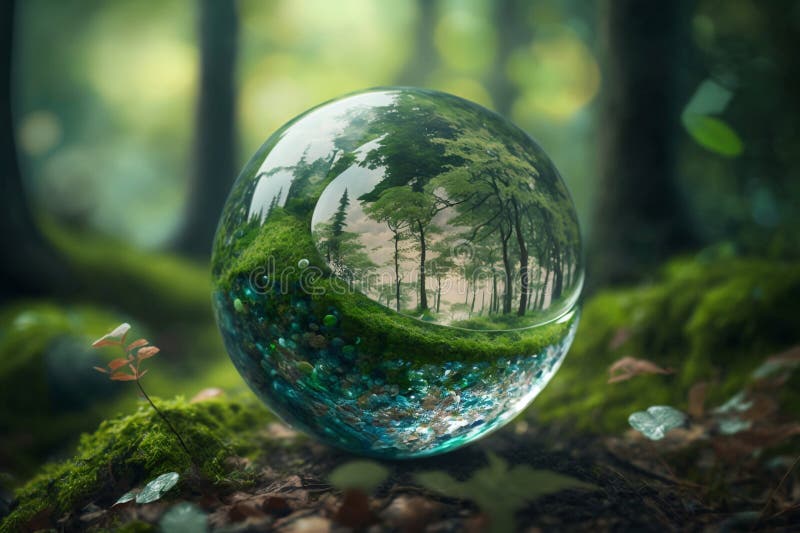 A Glass Sphere Resembling Earth Amidst a Forest Backdrop. AI Stock ...