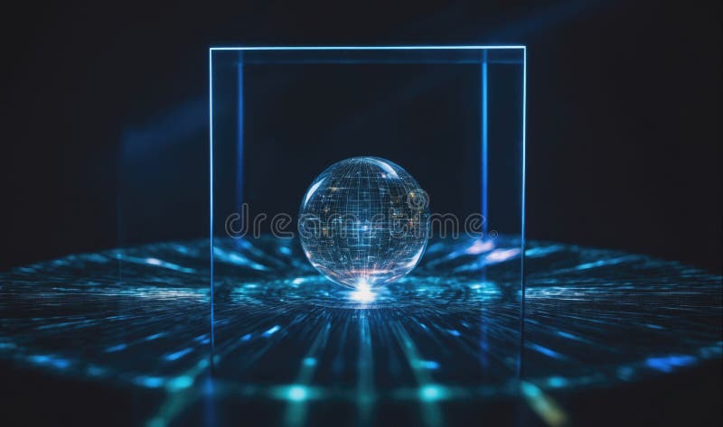 A Glass Sphere Sits Inside a Glass Cube, Illuminated with a Blue Light ...