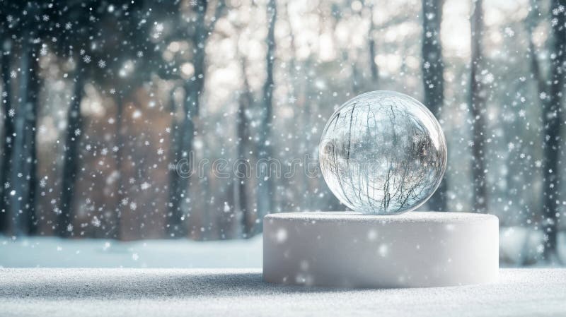 A Glass Sphere Sits on a White Platform in a Snowy Forest Stock Photo ...