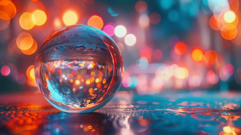A Glass Sphere on the Table Reflecting Bright Multi-colored Lights ...