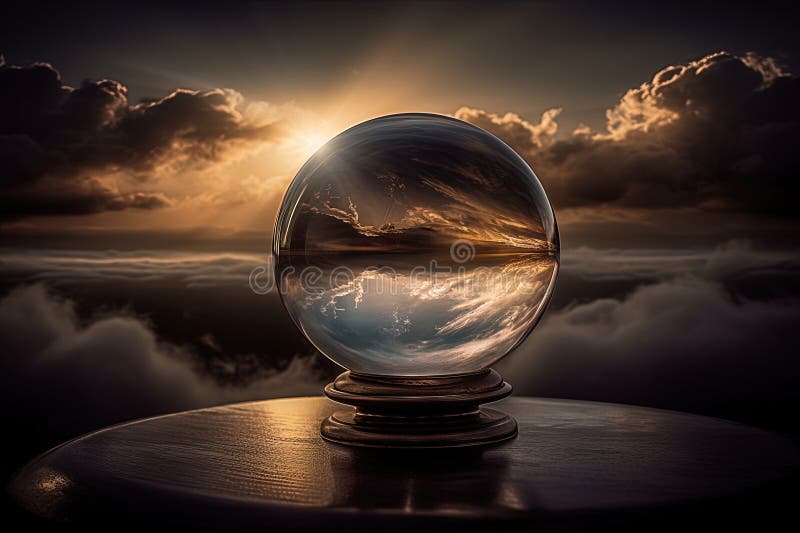 Glass Sphere on the Table with Reflections of the Sun and Clouds Stock ...