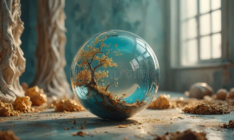 Glass Sphere with Tree Design Sits on Table Amidst Scattered Golden ...