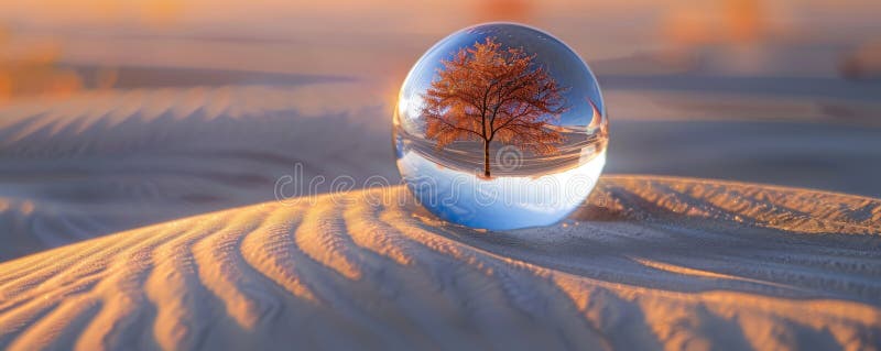 Glass Sphere with Tree Reflection on Desert Sand at Sunset Stock Photo ...