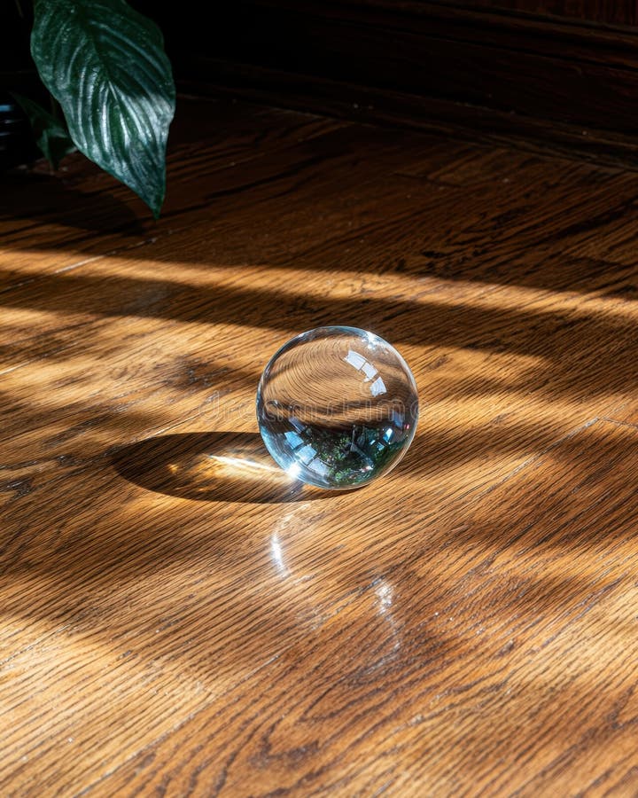 Glass Sphere on Wooden Surface Reflecting Light Stock Illustration ...