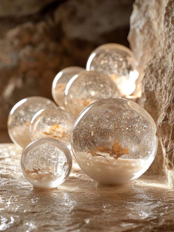 Glass Spheres with Leaves Suspended Inside, on a Stone Surface. Stock ...