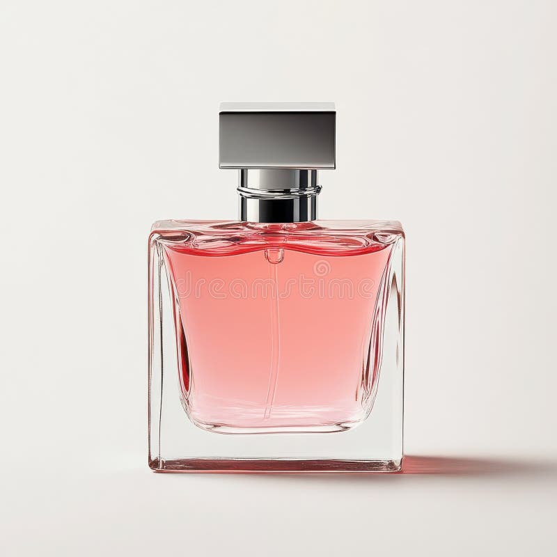 Glass Square Perfume Bottle with a Silver Cap, Containing a Pink Liquid ...