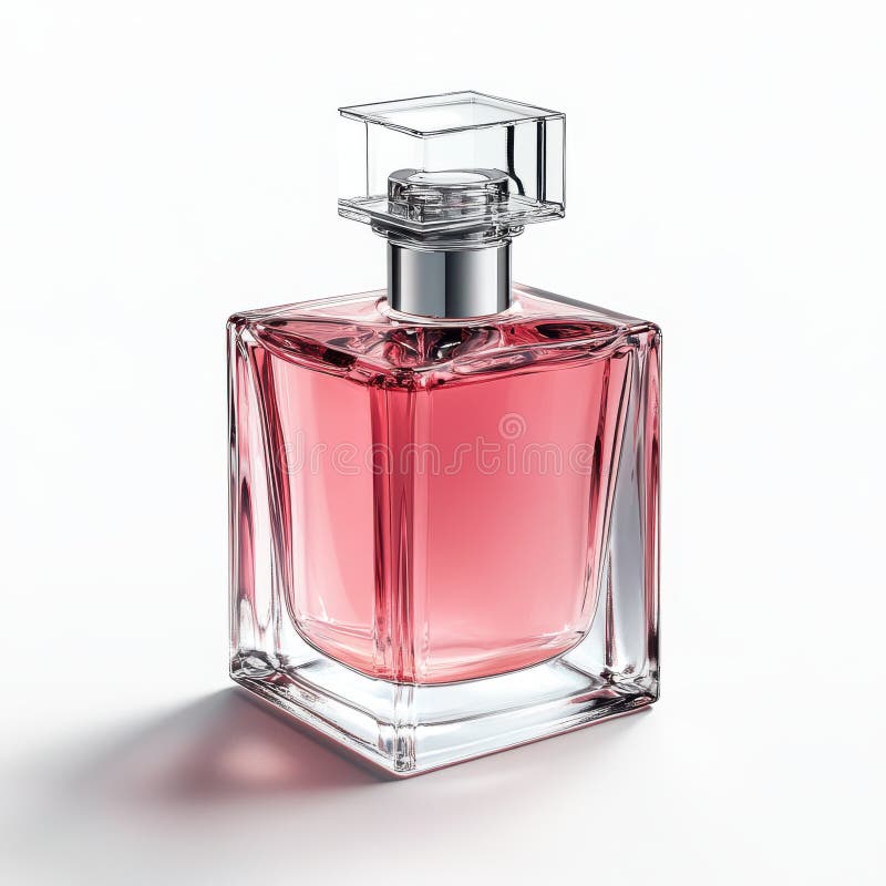 Glass Square Perfume Bottle with a Silver Cap, Containing a Pink Liquid ...
