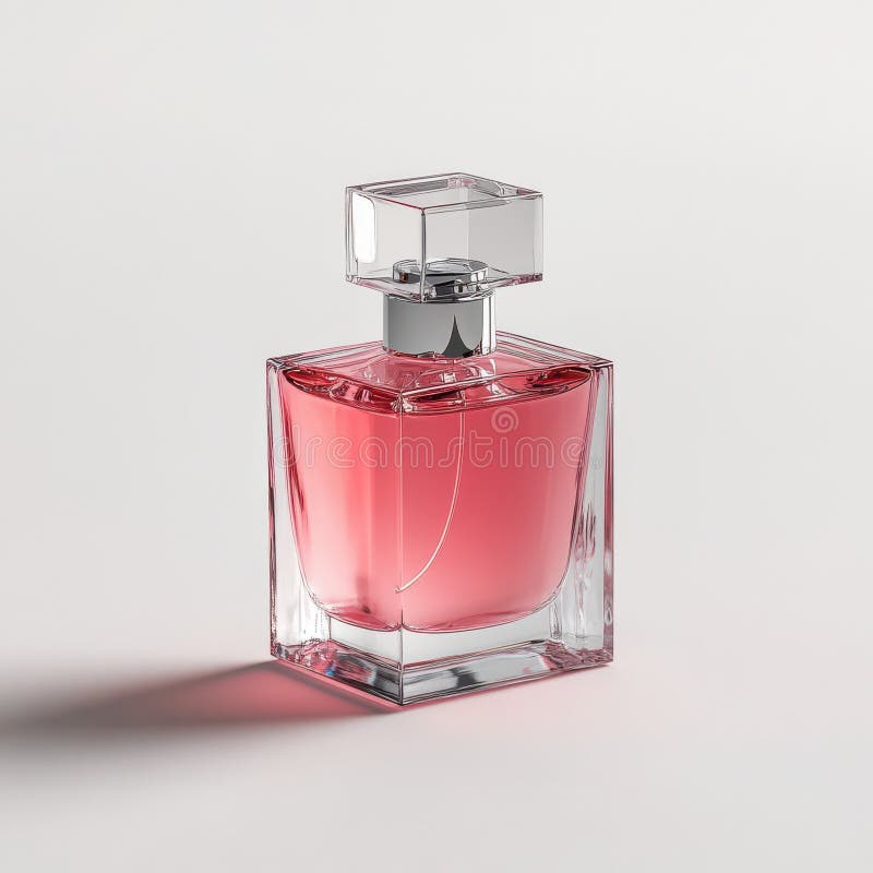Glass Square Perfume Bottle with a Silver Cap, Containing a Pink Liquid ...