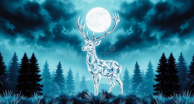 Glass Stag and Full Moon Forest AI GENERATED IMAGE Stock Illustration ...