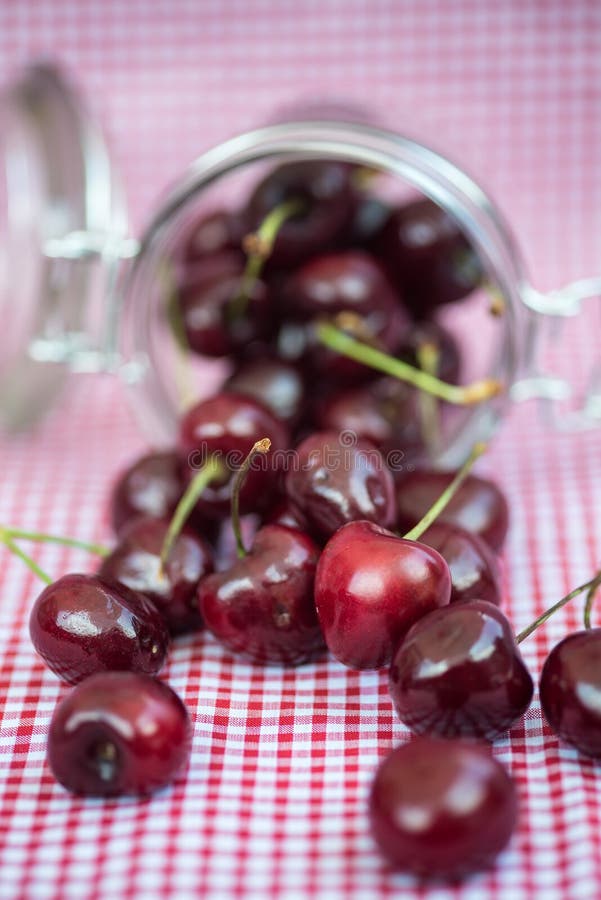 Glass Storage Jar Full of Fresh Cherries Stock Photo - Image of table ...