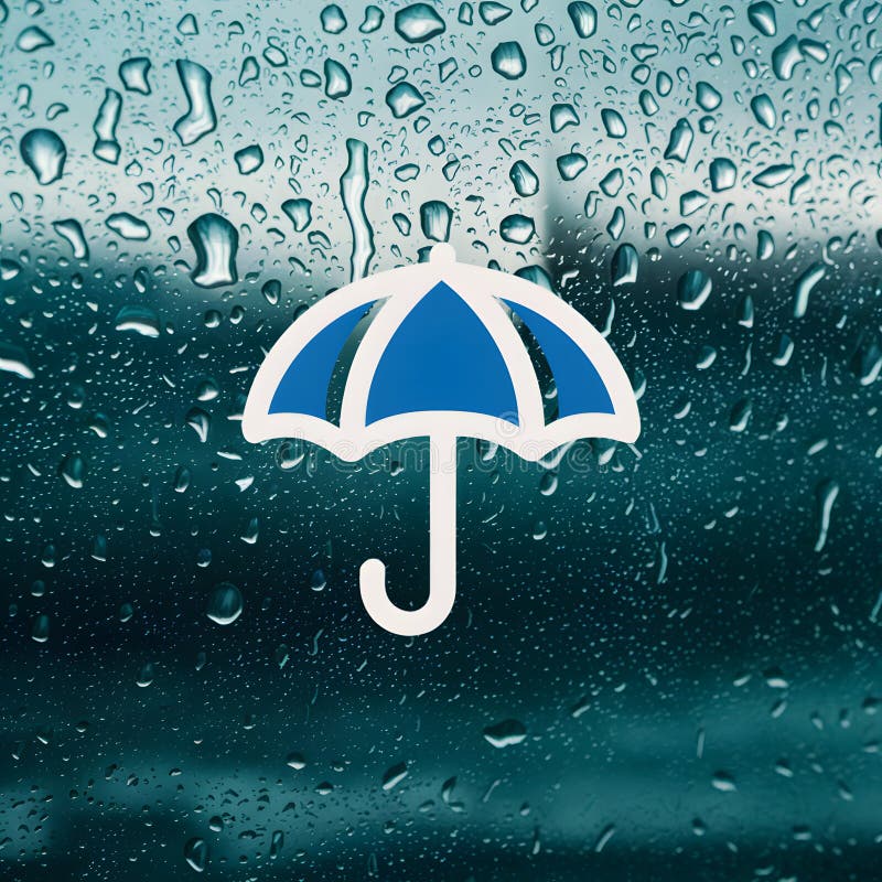 Blue Umbrella Icon on Glass with Water Droplets, Rainy Effect Stock ...