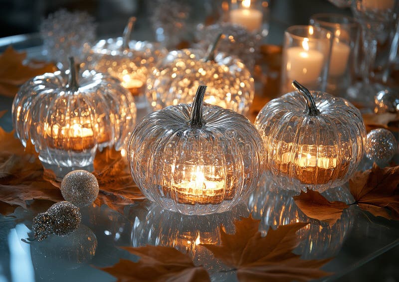 On a Glass Table are Clear Crystal Pumpkins, Reflecting the Light from ...