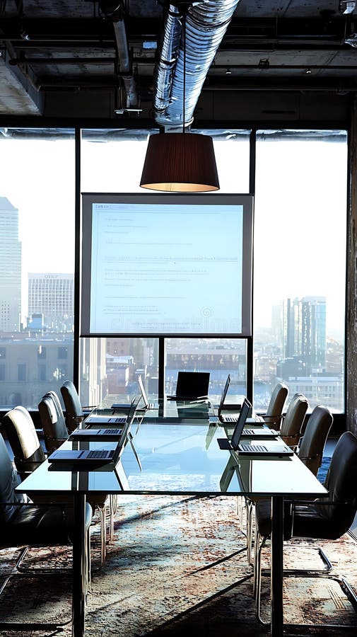 A Glass Table with a Projector Screen and a Laptop on it Stock Photo ...
