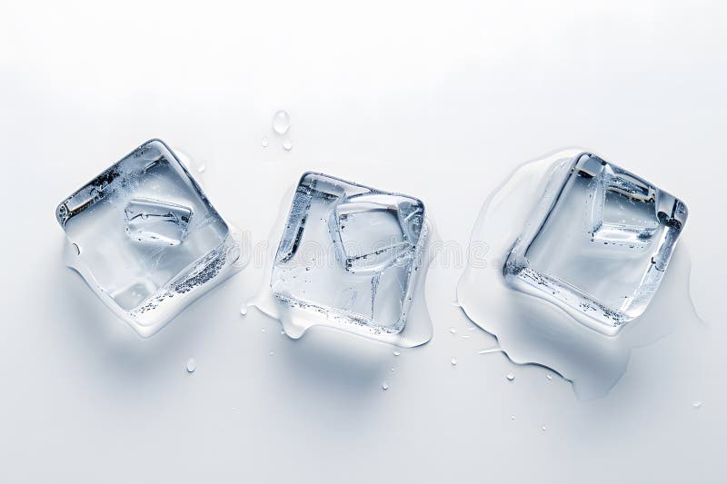A Glass Table with Three Melting Ice Cubes on a White Background Stock ...