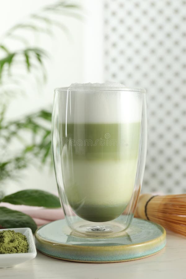 Glass of Tasty Matcha Latte on Light Grey Table Stock Image - Image of ...