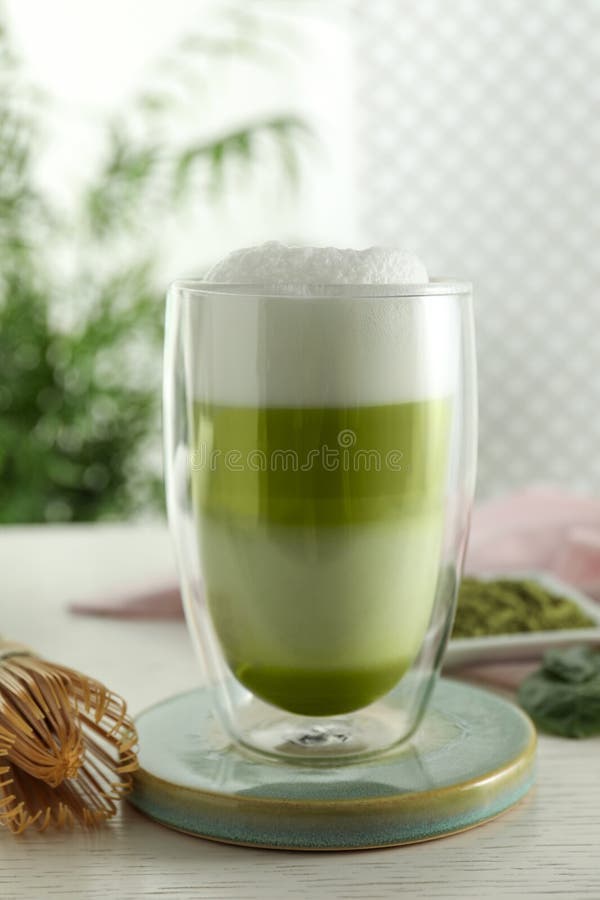 Glass of Tasty Matcha Latte on Light Grey Table Stock Image - Image of ...