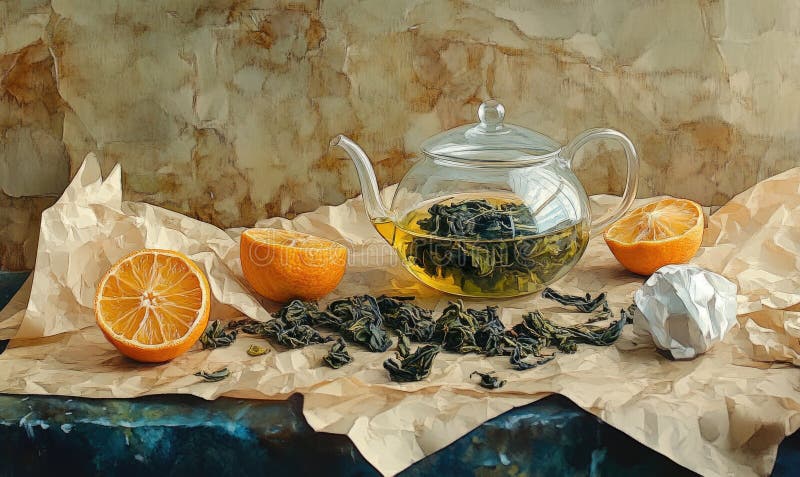 A Glass Tea Pot with a Tea Bag in it Sits on a Table with a Pile of ...