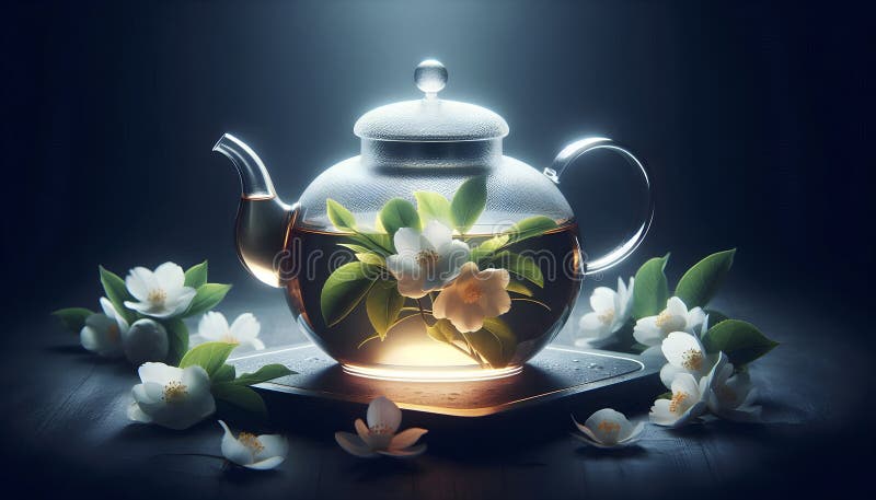 Glass Teapot with Blooming Jasmine Flower, Ai Created Image Stock Image ...