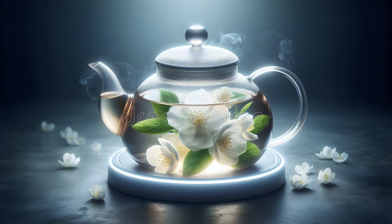 Glass Teapot with Blooming Jasmine Flower, Ai Created Image Stock Photo ...