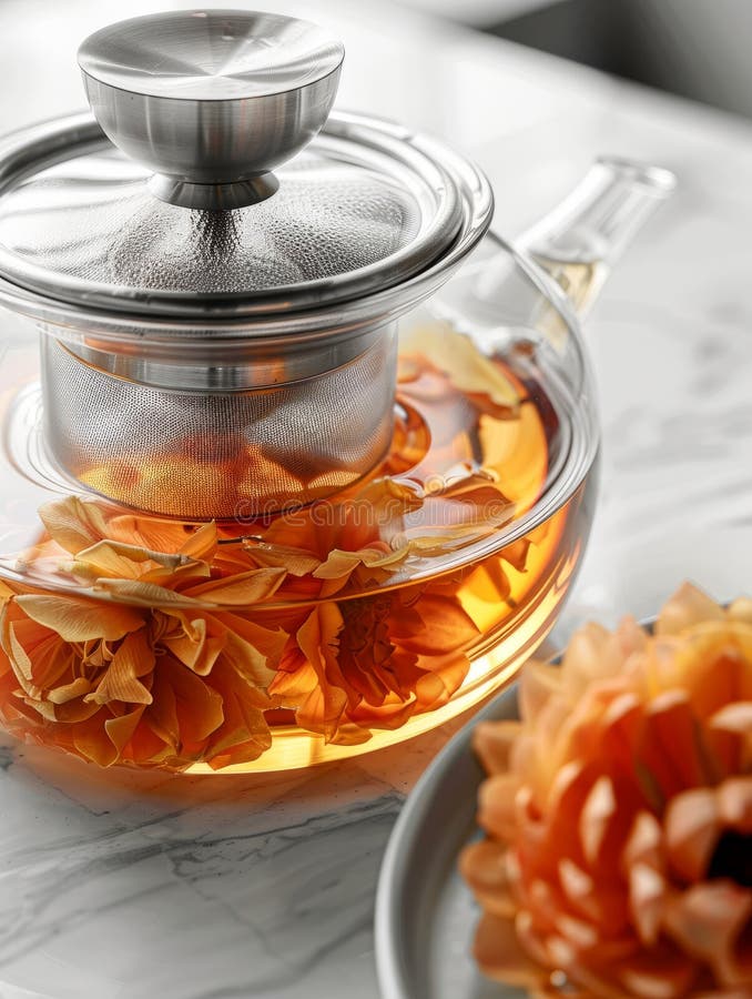 Glass Teapot with Blooming Tea Infusion on a Marble Countertop. Stock ...
