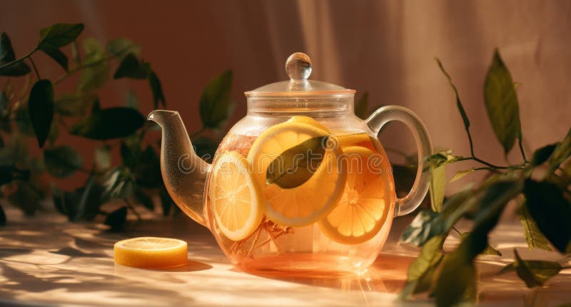 A Glass Teapot Filled with Lemon Slices and Leaves Stock Image - Image ...