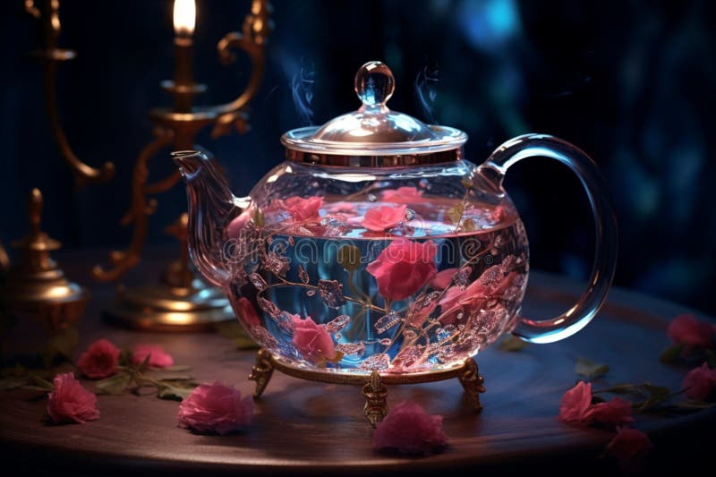 Glass Teapot with Flower Tea Inside. Flower Petals Around Stock ...