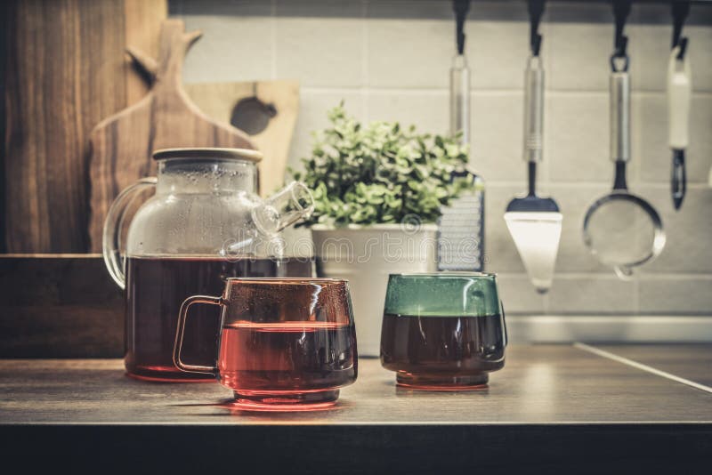 Glass Teapot Full of Black Tea Stock Image - Image of organic, green ...