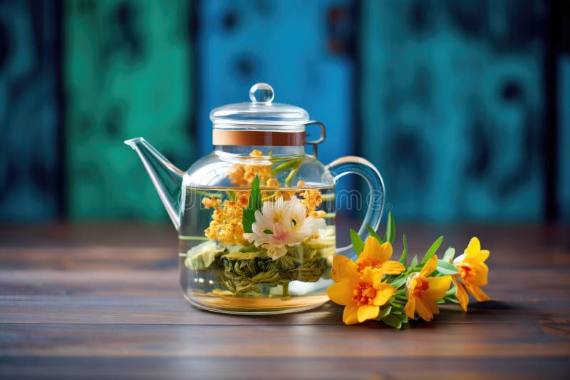 Glass Teapot of Green Tea with Blooming Flowers Inside Stock ...