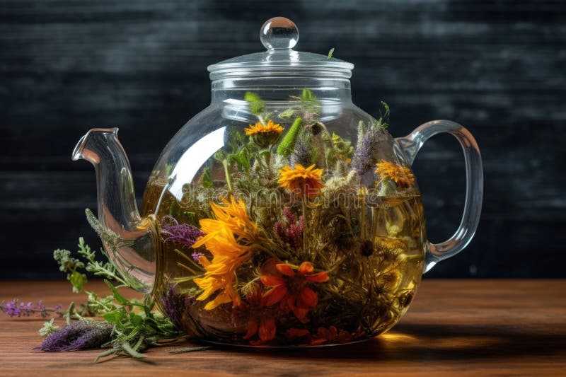 Glass Teapot with Herbal Infusion and Herbs Stock Image - Image of ...
