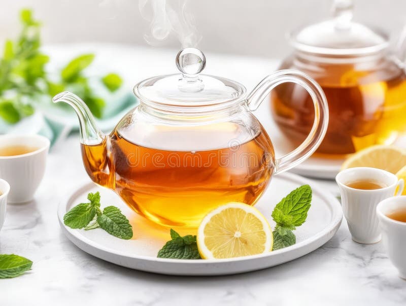 Glass Teapot with Lemon and Mint Infused Herbal Tea on White Table ...