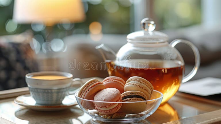 Glass Teapot and Macarons on Table Stock Image - Image of pastries ...