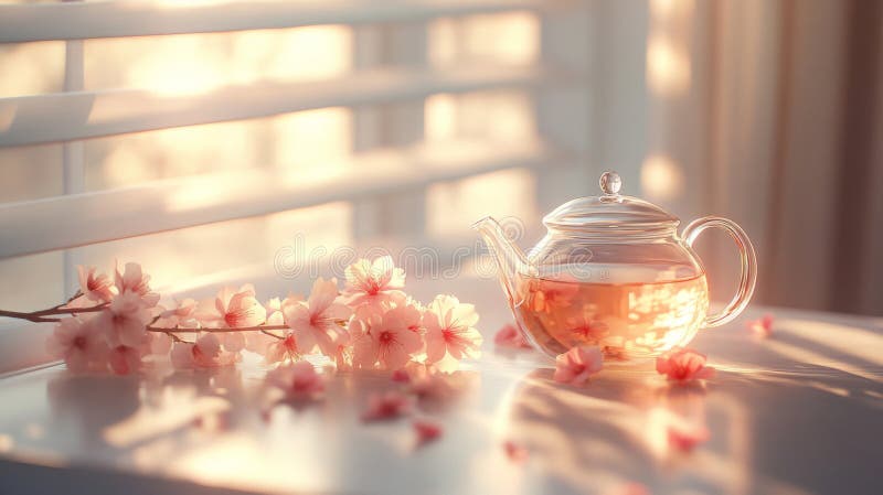 Glass Teapot Sakura Blossoms Window Light Stock Illustration ...