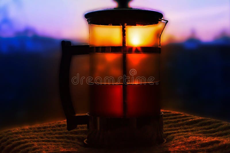 Glass teapot at sunset, stock image. Image of breakfast - 111328201