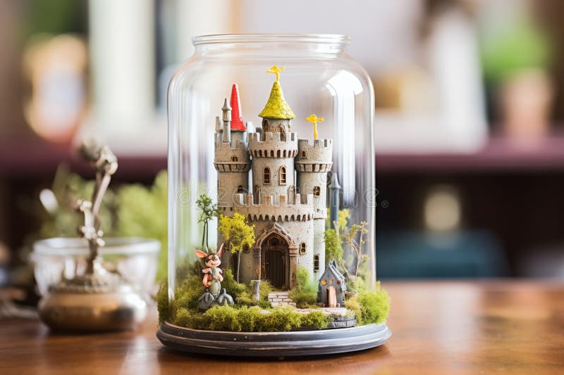 Glass Terrarium Featuring Tiny Castle and Mossy Landscape Stock Image ...