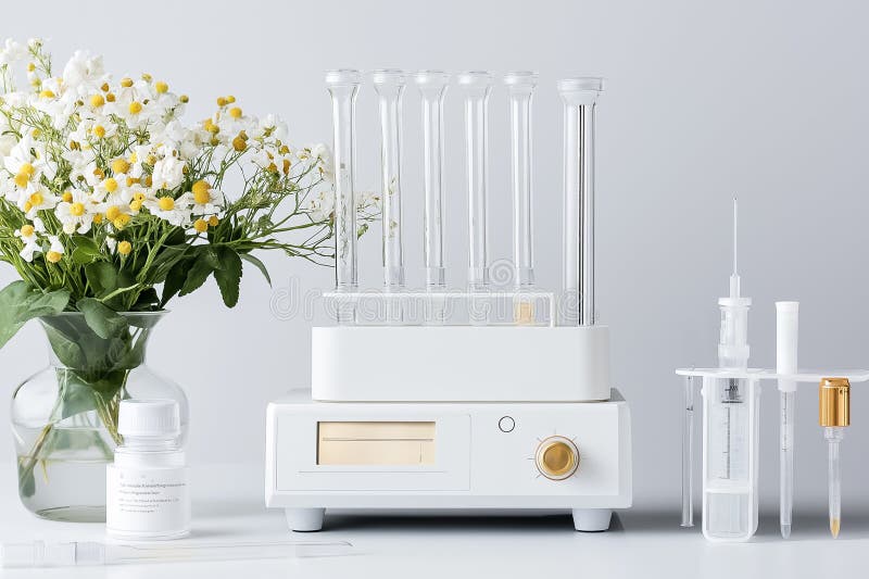 Glass Test Tubes Arranged on Sleek White Platform in Lab Setting with ...