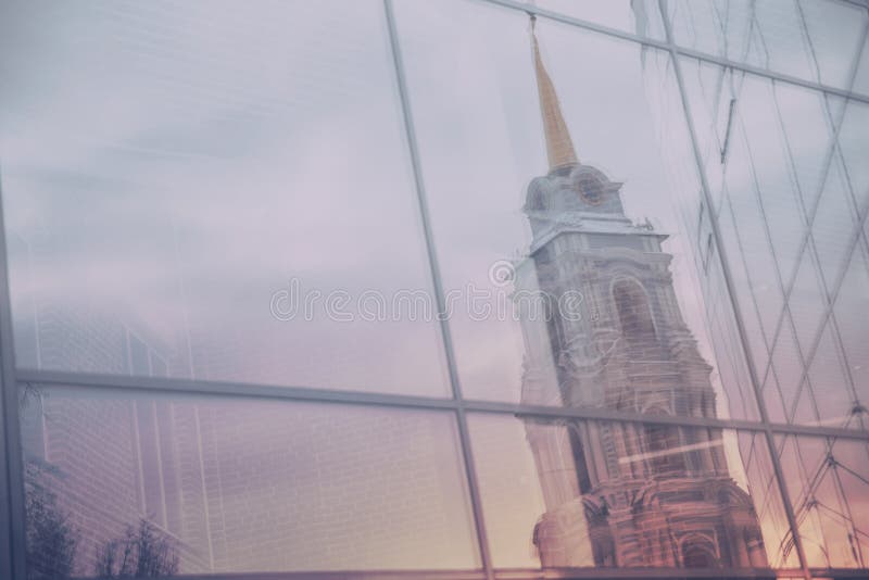 Glass Texture Window with a Reflection of the Bell Tower Stock Image ...