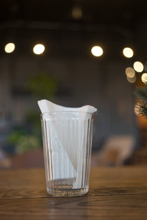Glass and Tissue Paper Ready To Service in Cafe Stock Photo - Image of ...