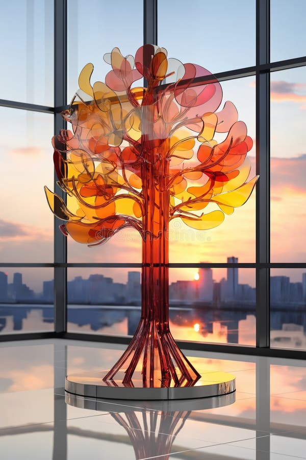 Glass Tree As Decoration in Modern Interior with Panoramic Windows with ...