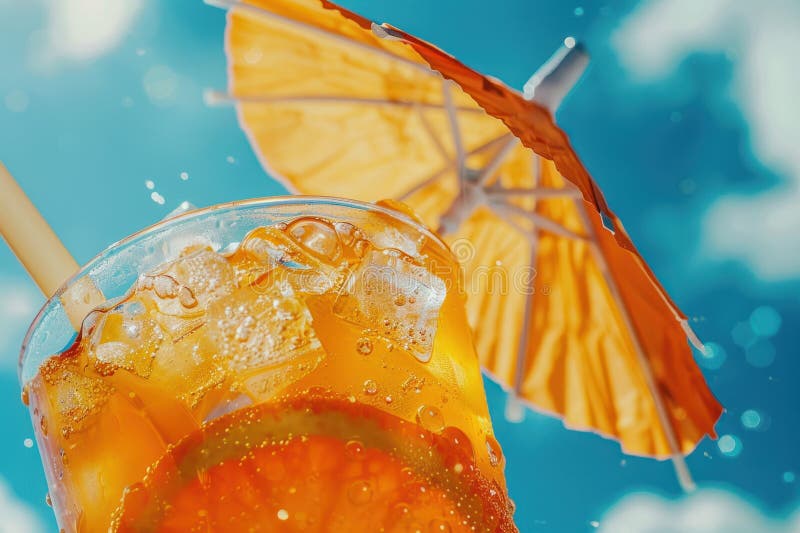 Glass With Tropical Fruit Cocktail Or Lemonade On The Sandy Beach Or
